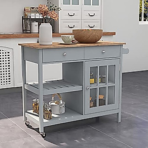 ChooChoo Rolling Kitchen Island, Portable Kitchen Cart Wood Top Kitchen Trolley with Drawers and Glass Door Cabinet, Wine Shelf, Towel Rack, Gray