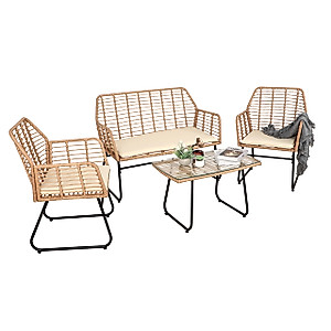 PAOLFOX 4 Piece Patio Conversation Sets,Wicker Patio Furniture Sets,Outdoor Patio Furniture,Outside Furniture,Backyard Furniture,Front Porch Furniture,Beige