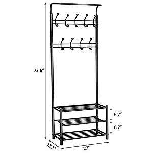 Yaheetech 3-in-1 Coat Rack Shoe Bench Entryway Hall Tree with 18 Hooks and 3-Tier Shoe Storage Bench, Metal Coat Hat Stand Rod for Hanging Jacket, Easy Assembly, Black