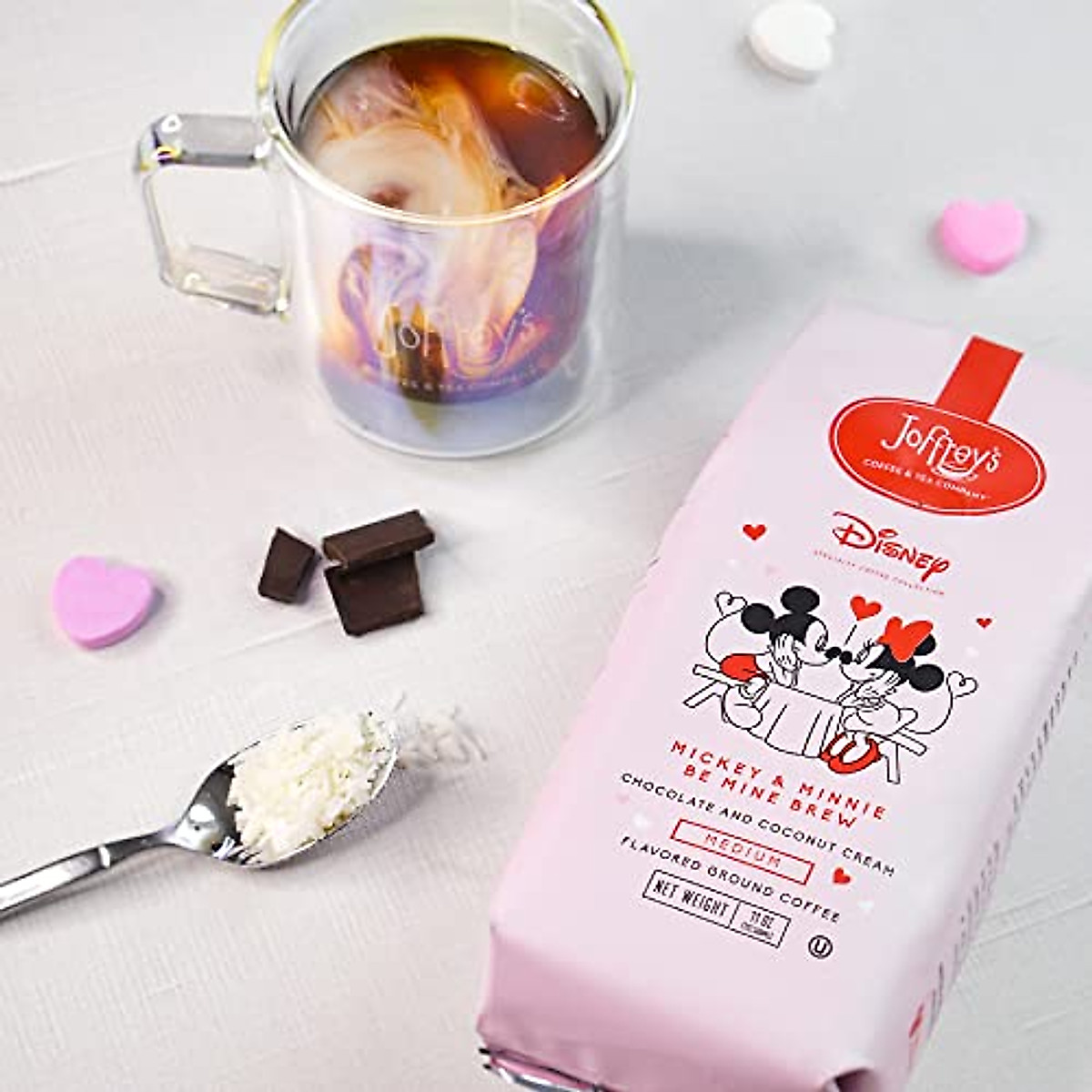 Joffrey's Coffee - Disney Mickey & Minnie Be Mine Brew, Disney Specialty Coffee Collection, Medium Roast, Arabica Beans, Chocolate & Coconut Cream Flavor, Brew or French Press (Ground, 11 oz)