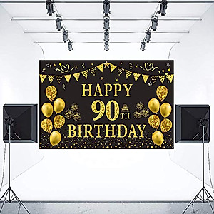 Trgowaul 90th Birthday Backdrop Gold and Black 5.9 X 3.6 Fts Happy Birthday Party Decorations Banner for Women Men Photography Supplies Background Happy Birthday Decoration