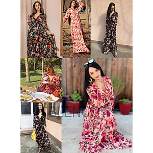 BLENCOT Womens Casual Floral Deep V Neck Long Sleeve Long Evening Dress Cocktail Party Maxi Wedding Dresses Floral Pattern Red Large