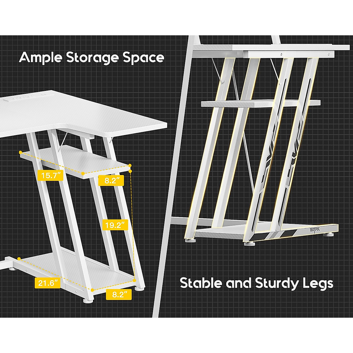 MOTPK White Gaming Desk L Shaped with LED Lights, Small Corner Computer Desk 39inch with Power Outlets, Gaming Table with PC Storage Shelf, Gamer Desk with Monitor Shelf, Carbon Fiber Texture