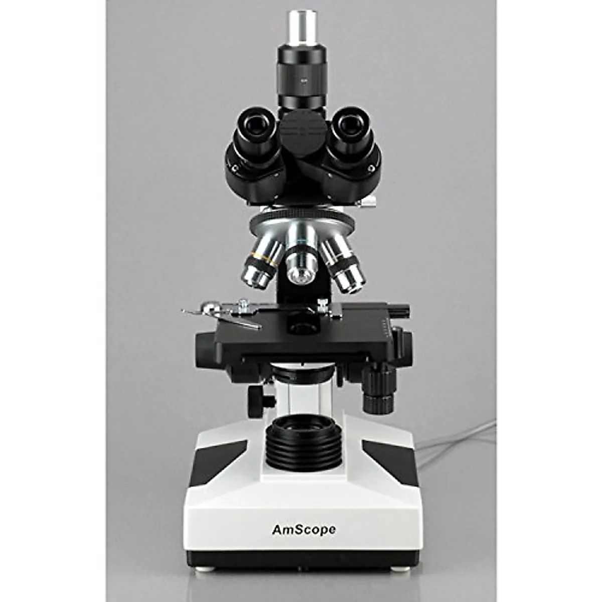 AmScope T490A-PCT Compound Trinocular Microscope with Phase-Contrast Turret, WF10x and WF16x Eyepieces, 40X-1600X Magnification, Brightfield/Darkfield, Halogen Illumination, Abbe Condenser, Double-Layer Mechanical Stage, Sliding Head, High-Resolution Opti