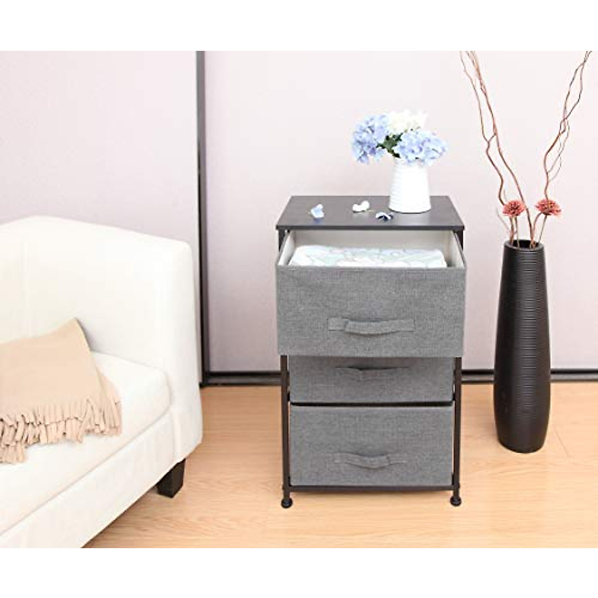 East Loft Nightstand Dresser Storage Organizer for Closet, Nursery, Bathroom, Laundry or Bedroom 3 Fabric Drawers, Solid Wood Top, Durable Steel Frame (Charcoal)