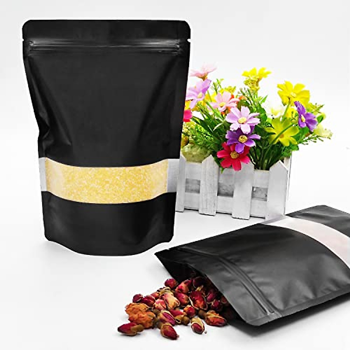 SumDirect Resealable Smell Proof Bags - 50 Pcs 5.9×8.6 Inch Foil Stand Up Food Pouch Bags with Window, Ziplock Heat Sealable Bags with Matte Window for Food Storage,Thickened Single Layer 5.5mil