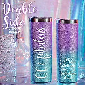 Onebttl 60th Birthday Gifts for Women, 60 & Fabulous, 60th Birthday Gift Idea for Women, 60th Bday Gifts, Stainless Steel Tumbler 20Oz - Glitter Purple&Blue