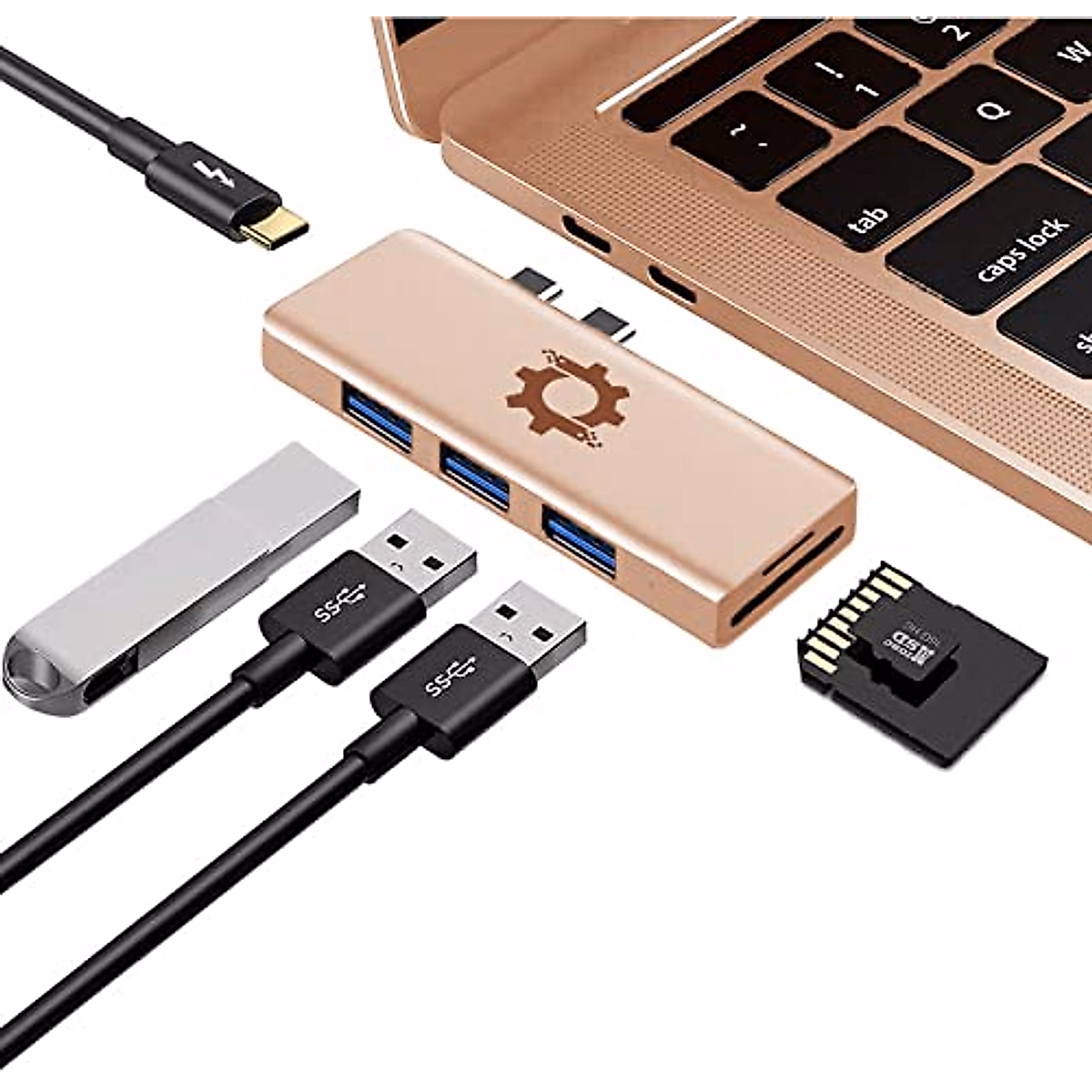 NOV8Tech USB C Hub Gold 6in2 Slim Adapter for MacBook Air M1 2018-2022, Pro M1 2016-2022, Mini Docking station Thunderbolt 3 100W Power Delivery, USB C Data & 3X USB 3.0 Ports, Micro SD/SD Card Reader