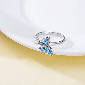 Blue Cubic Zirconia Butterfly Spinner Fidget Statement Rings for Women for Anxiety Rotate Freely Inspirations Jewelry Calming Worry Meditation Crochet Loop Expandable Adjustable Stacking Middle Finger Ring Daughter Dainty Birthday BFF Lover