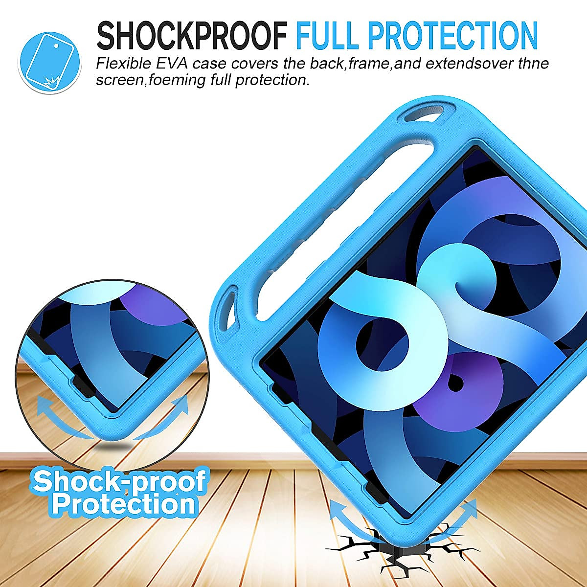 SUPNICE Kids Case for New iPad Air 5th Generation 2022, iPad Air 4th Generation 2020, iPad Air 10.9 Case with Built-in Screen Protector, EVA Shockproof Lightweight Handle Stand Kids Case, Blue