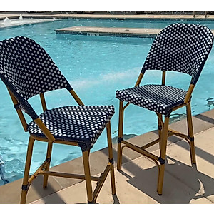 PURPLE LEAF French Country Outdoor Counter Height Bar Stools Set of 2 Patio Wicker 26 Inch High Bar Stool Chairs Metal Rattan Barstools with Ergonomic Backs for Garden Indoor Kitchen Island, Navy Blue