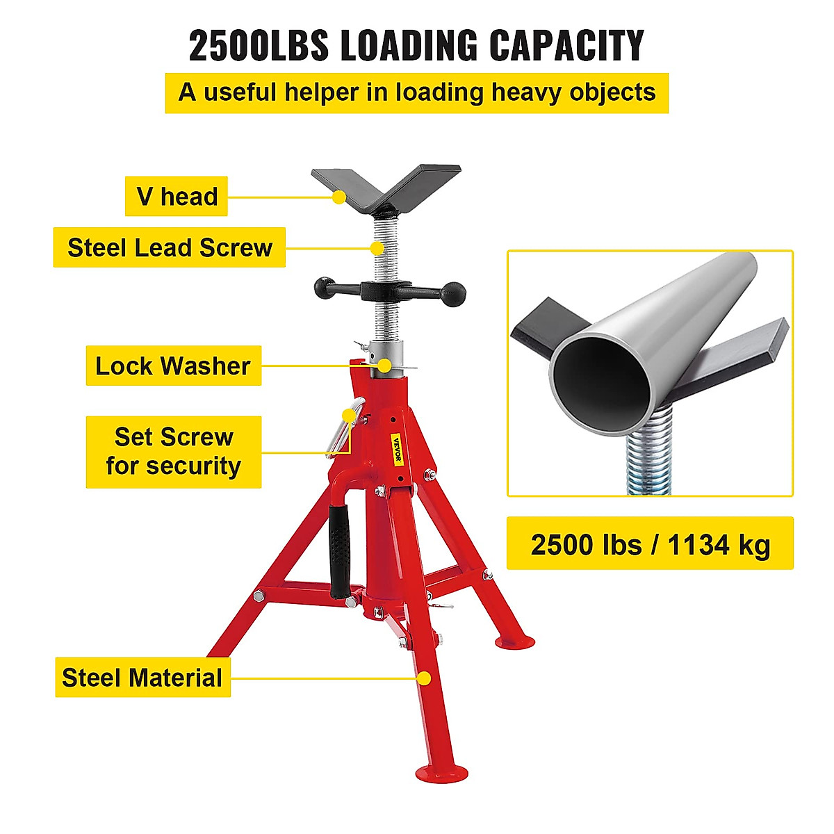 Mophorn V Head Pipe Stand 1/8"-12" Capacity,Adjustable Height 20"-37",Pipe Jack Stands 2500 lb. Load Capacity,Portable Folding Pipe Stands, Carbon Steel Body More Durable