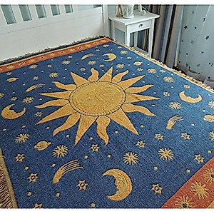 UNIGARDEN Moon and Sun Throw Blanket Multi-Function Double Sided Cotton Woven Couch Throws Tassels Blue Yellow 51"X71"