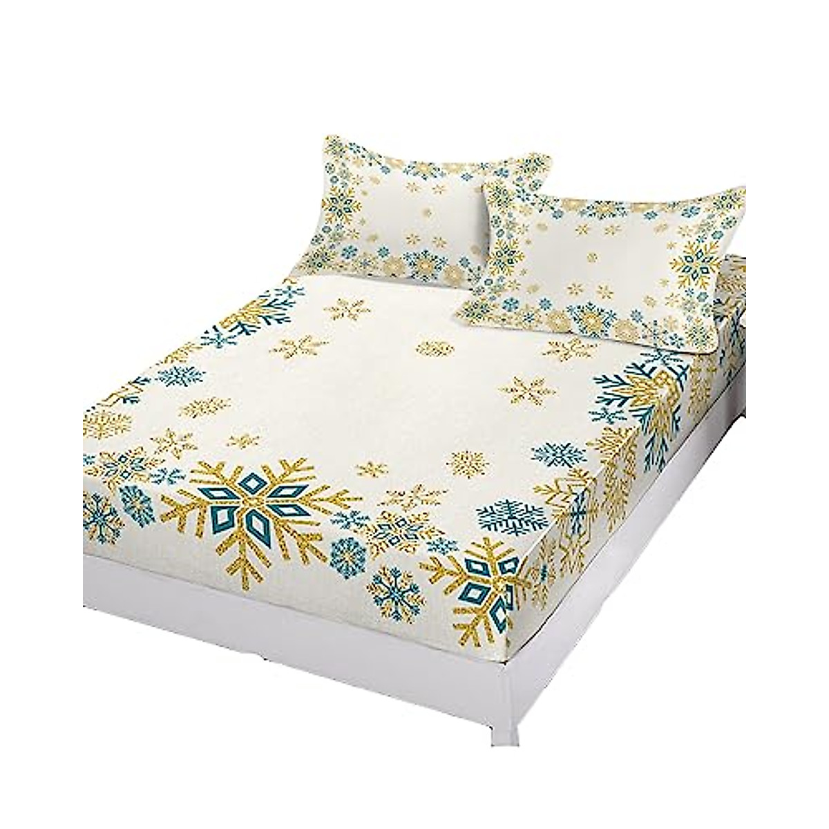Twin Size Fitted Sheet Bed Set Christmas Abstract Snowflake Texture Deep Pocket Soft Bottom Sheets&Pillowcases for Bedroom Decor Gold Blue Snow Flower on Flax,Fits Mattress Up to 16" Deep