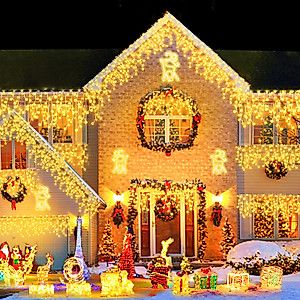 ZOFUNNY 378 LED Christmas Icicle Lights Decor Outdoor, 29.5 Ft 8 Modes 60 Drops Fairy String Curtain Lights Dripping Ice Cycle Lights Xmas Decor Indoor Home Eave Window Holiday Garden (Warm White)