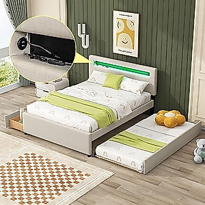 Merax Queen-Size Upholstered Storage Platform Bed with Twin Size Trundle, 2 Drawers, LED and USB Charging, Beige Wood Bed Frame