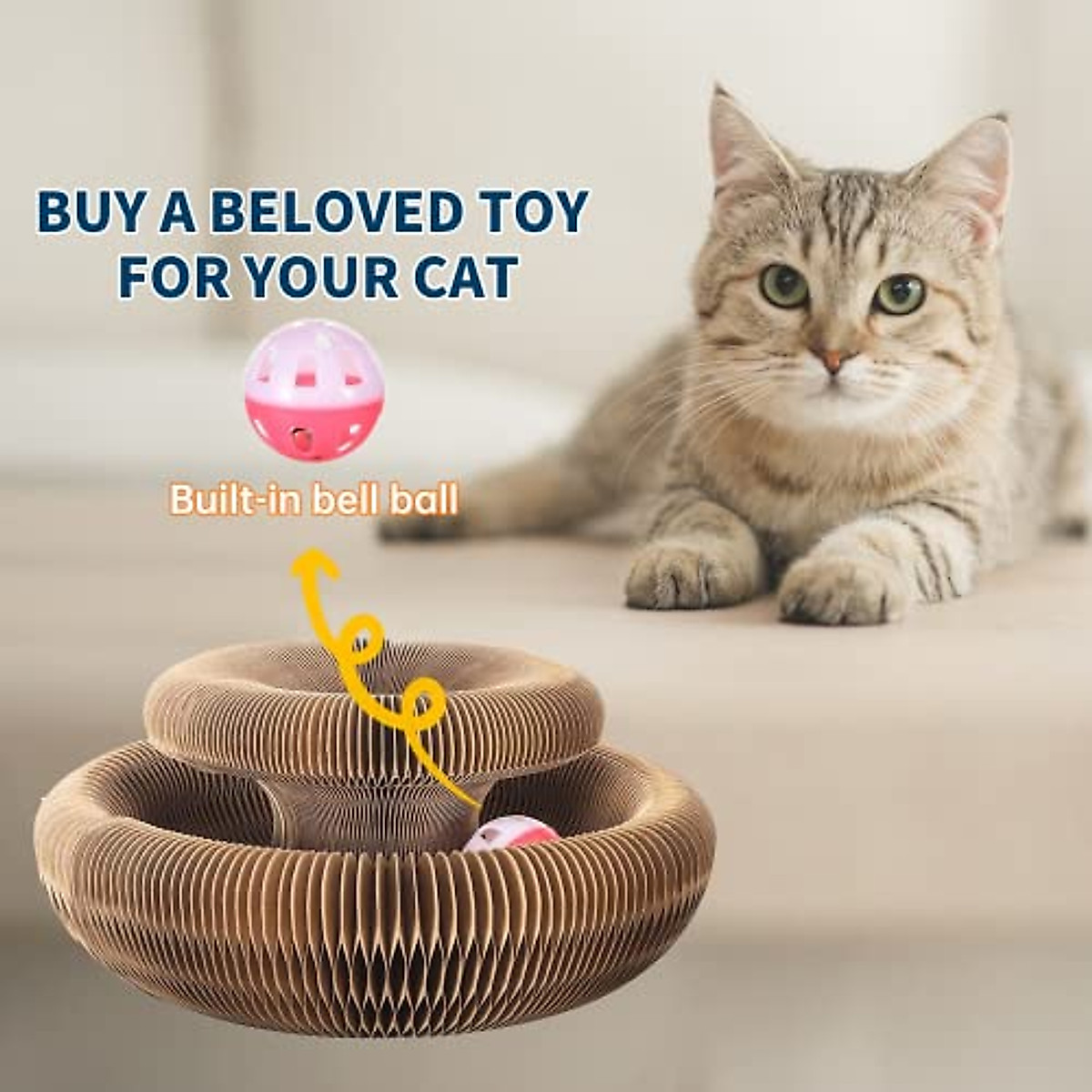 Magic Organ Cat Scratching Board, 2PC Cat Toys, Interactive Scratch Pad Cat Toy with Toy Bell Ball, Stretchy Cat Accordion Toy for Kitty & Cat Lovers Gifts (2PCS)