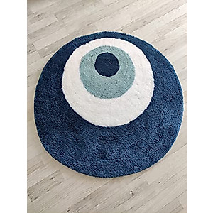 Evil Eye Fluffy Rug,Circle Area Rug, Aesthetic Rug for Bedroom,Handmade Tufted Rug, Nursery Room, Living Room, Bathroom Rug, Non Slip Washable Blue Rug (35" x 35", Blue)