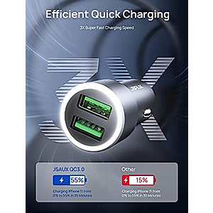 Car Charger, Car USB Charger 36W Fast Charging, JSAUX Metal Dual QC 3.0 Car Adapter with USB-C Cable[3.3ft] Compatible with Samsung Galaxy S10/S9/S8 Plus, Note 9/8, iPhone 7/8/X/XR-Grey