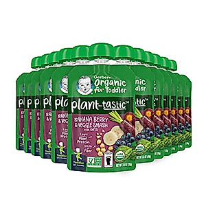 Gerber Organic Baby Food Pouches, Toddler, Plant-tastic, Banana Berry & Veggie Smash, 3.5 Ounce (Pack of 12)