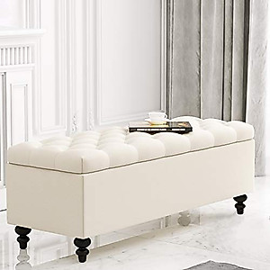 HUIMO Ottoman with Storage, 51-inch Storage Ottoman Bench with Button-Tufted, Bedroom Bench Safety Hinge Ottoman in Upholstered Fabrics, Large Storage Bench for Bedroom, Living Room (Ivory)