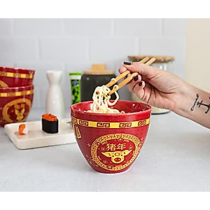 Boom Trendz Year Of The Pig Chinese Zodiac Ceramic Dinnerware Set Includes 16-Ounce Ramen Noodle Bowl Wooden Chopsticks Asian Food Dish Set Home & Kitchen Kawaii Lunar New Year Gifts, Red, One Size