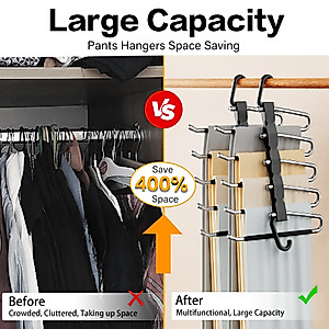 Pants Hangers Space Saving - 2 Pack Closet Organizer and Storage Jean Hangers, Stainless Steel Anti-Slip Clothes Hanger Scarf Holder Pants Hangers for Pants Jeans Leggings Trousers Pant Rack, Black