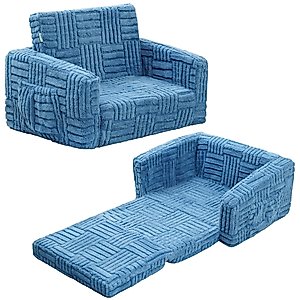 MallSingel Kids Sofa, Toddler Chair, 2-in-1 Flannel Kids Fold Out Couch, Toddler Convertible Sofa to Lounger, Flip Open Toddler Couch for Kids(White) (Blue)