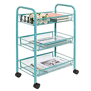 Ruishetop Rolling Push Cart Stand Shelves, Storage Rack with Wheels with Mesh Wire Basket, Multifunction Metal Trolley Organizer for Home, Office, Bedroom, Bathroom, Kitchen (3-Tier Rack Blue)