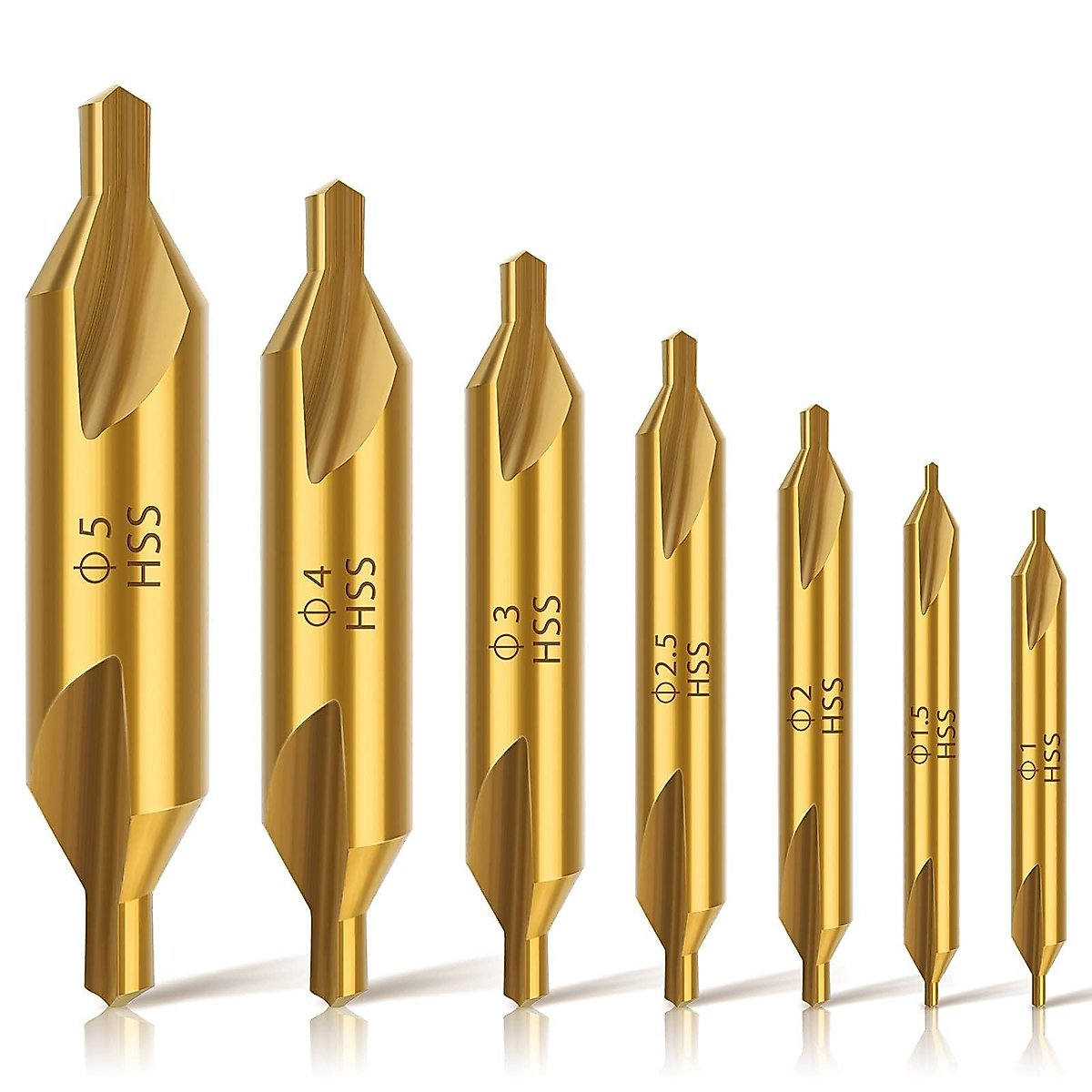 SUNJOYCO 7PCS Center Drill Bits Set, High Speed Steel 60-Degree Angle Countersink Tools for Lathe Metalworking Size 1.0 1.5 2.0 2.5 3.0 4.0 5.0, Gold