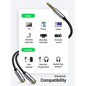 UGREEN Headphone Splitter 3.5mm 2 Female to 1 Male Mic and Audio Y Splitter TRRS Headset Adapter Cable Stereo Compatible with Laptop PS4 Xbox PC Phone Tablet Gaming