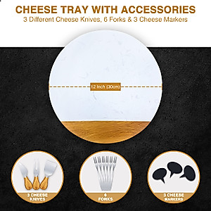 Cheffer Marble and Wood Cheese Board – Simple and Classy Round Charcuterie Boards with Cheese Knife Set, Cheese Marker, Forks – Acacia Wooden Board Serving – Sustainable Materials – 30cm