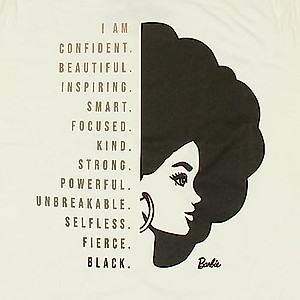 Barbie Juniors I AM...Black Half Words Picture Graphic Print T-Shirt (Small,3/5)