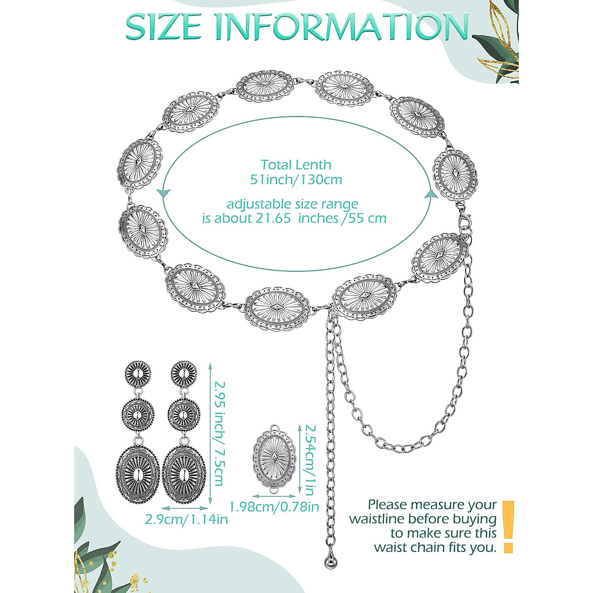 Glenmal Western Concho Chain Belt Turquoise Earrings Set Western Cowboy Waist Belts Bohemian Turquoise Earrings for Women Men(Elegant Style)