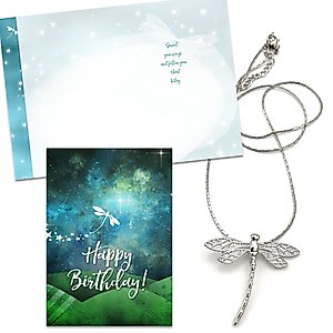 Smiling Wisdom - Happy Birthday Greeting Card Dragonfly Necklace Gift Set - Teen Women (Green Silver Dragonfly)