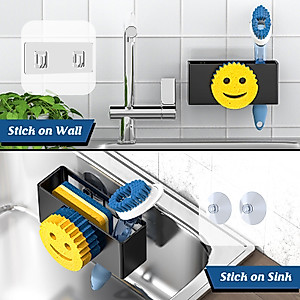 Utobao Sponge Holder, Smiley Face Kitchen Sink Caddy for Kitchen Sink, Sink Brush Holder for Holding Smiling Face Scrubber, Soap, Dish Brush,2 Installation Ways (Suction Cups & Adhesive Hook)-Black