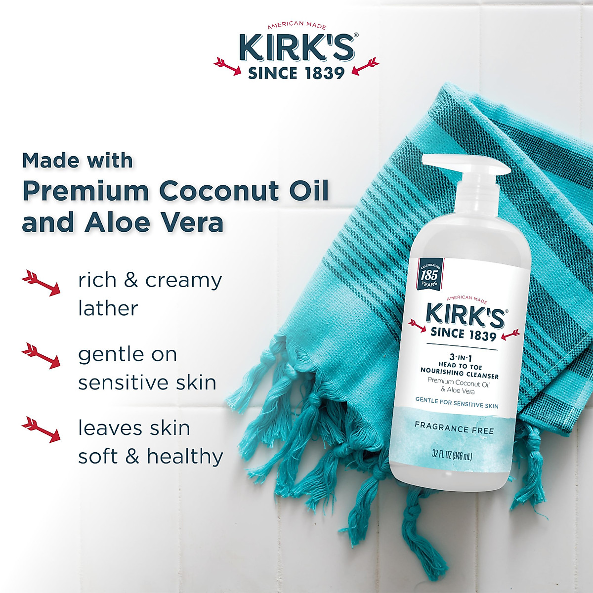 Kirk's 3-in-1 Head to Toe Nourishing Liquid Cleanser- for Men, Women & Children - Premium Coconut Oil & Aloe Vera- Non GMO & Vegan -Fragrance Free - 32 Fl Oz.