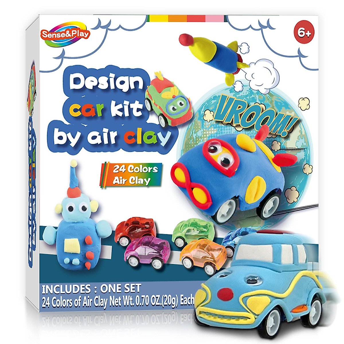 24 Colors Air Dry Clay for Kids with 6 Pull Back Toy Car, Ultra-Light and Soft Modeling Clay Kit, Art and Crafts DIY Model Magic Clay, Toy Car Clay Easy to Use Christmas Gifts for Boys and Girls
