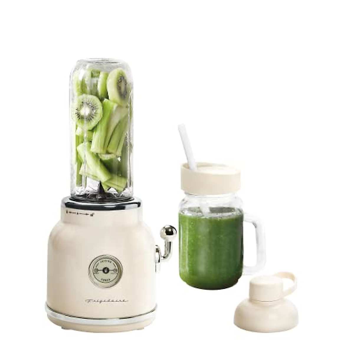 FRIGIDAIRE ESMM100-CREAM Retro Smoothie Maker Blender with Mason Jar, Perfect for Shakes and Smoothies, 300-Watt, Cream