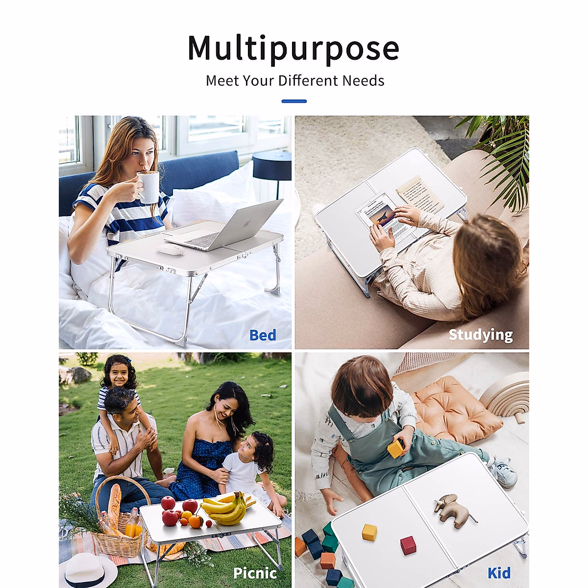 Foldable Laptop Table for Bed, SUVANE Lap Desk Bed Desk, Breakfast Serving Bed Tray, Portable Mini Picnic Table Storage Space Laptop Desk Reading Holder(Gray)