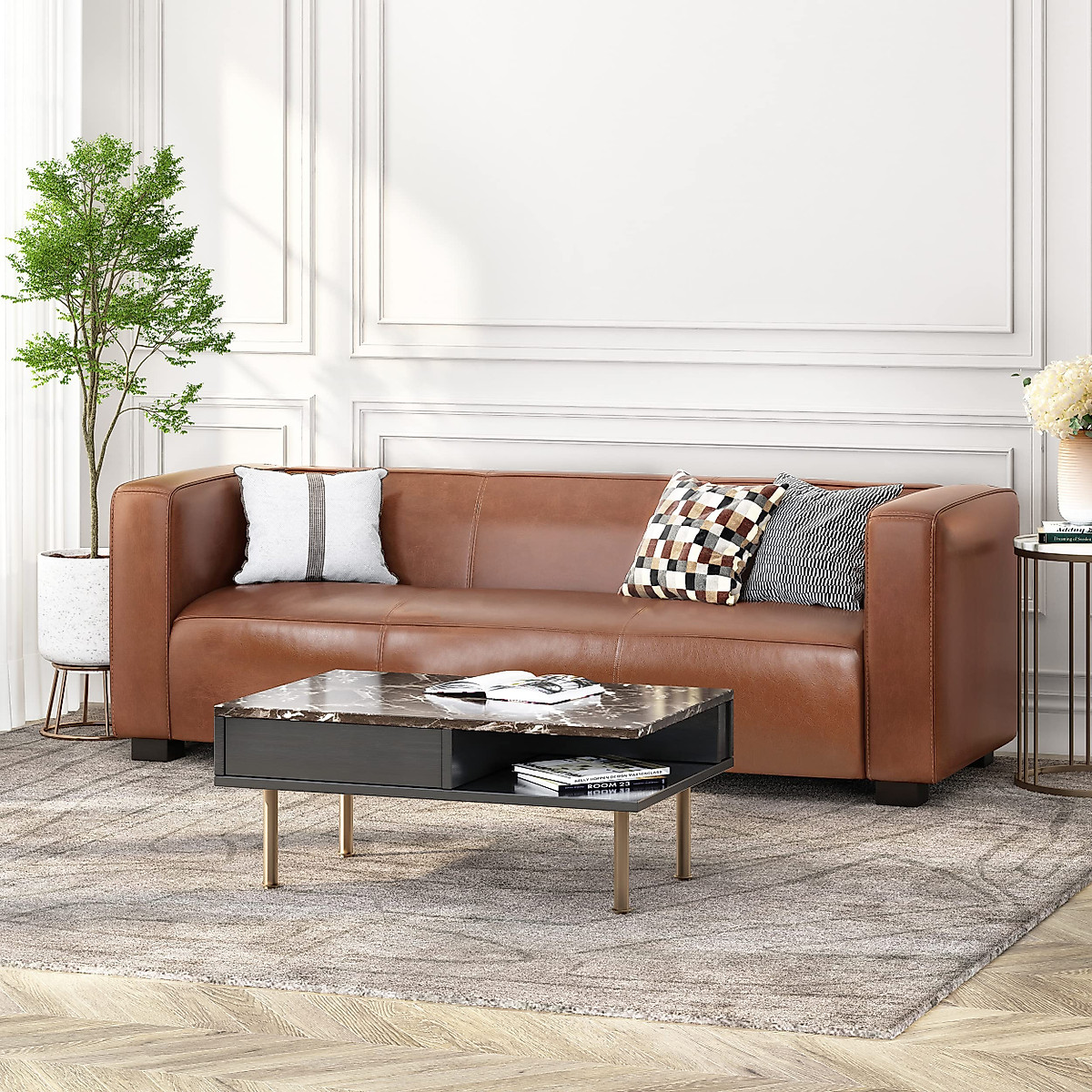 Christopher Knight Home Goyette Sofas, Cognac Brown + Dark Walnut