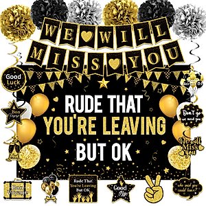 We Will Miss You Party Decorations for Men Women, Black Gold Farewell Party Supplies - Rude That You'Re Leaving But Ok Banner Hanging Swirls Pompoms，Great for Retirement Going Away Job Change Party