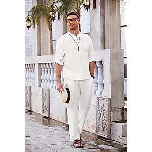 COOFANDY Men's 2 Pieces Cotton Linen Set Long Sleeve Henley Shirts Casual Beach Pants With Pockets Summer Yoga Outfits