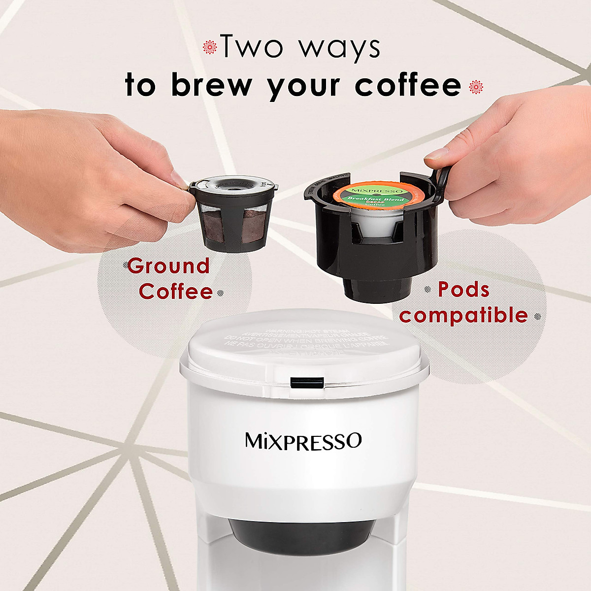 Mixpresso 2 in 1 Coffee Brewer Pods Compatible & Ground Coffee, Personal Coffee Brewer Machine, Compact Size Mini Coffee Maker, Quick Brew Technology 14 oz White Coffee Maker