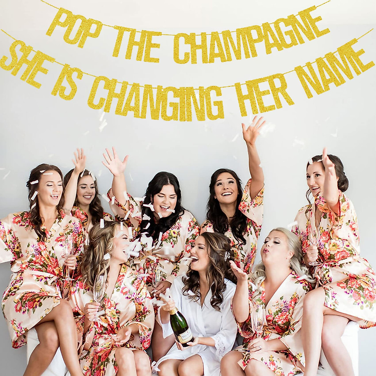 Engagement Party Decorations, Rose Gold Bridal Shower, Bachelorette Banner “Pop The Champagne She is Changing Her Name” Wedding Girls Photo Props Bride to be Backdrop Decor Supplies Favors (Gold)