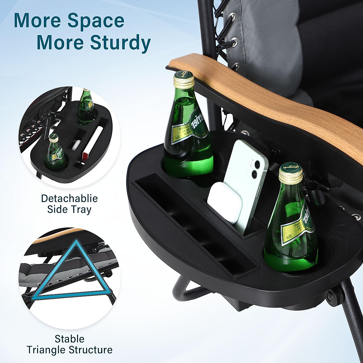 MFSTUDIO Zero Gravity Chairs, Oversized Patio Recliner Chair, Padded Folding Lawn Chair with Cup Holder Tray, Support 400lbs, Grey