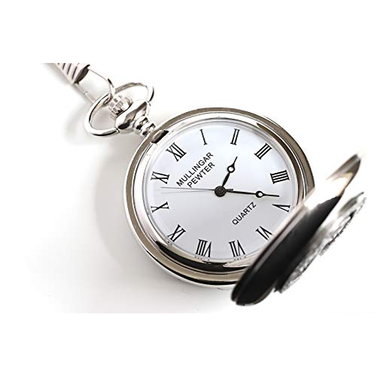 Biddy Murphy Shamrock Pocket Watch Made in Ireland Shamrock Pewter Medallion Stainless Steel Case with Chain Exclusive Made by Mullingar Pewter on Co. Westmeath, Ireland