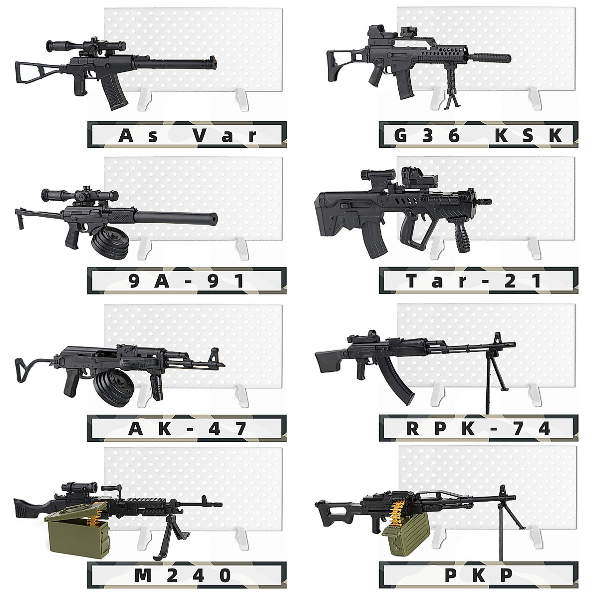 PROLOSO 8 Set Miniature Toy Machine Guns with Display Board SMG Rifles Toys for Boys Kids Building Toys