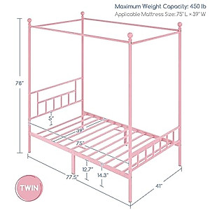 Yaheetech Twin Canopy Bed Frames Metal Platform Bed Frame Four-Poster Canopied Bed Mattress Foundation with Headboard and Footboard Sturdy Slatted Structure Easy Assembly No Box Spring Needed Pink