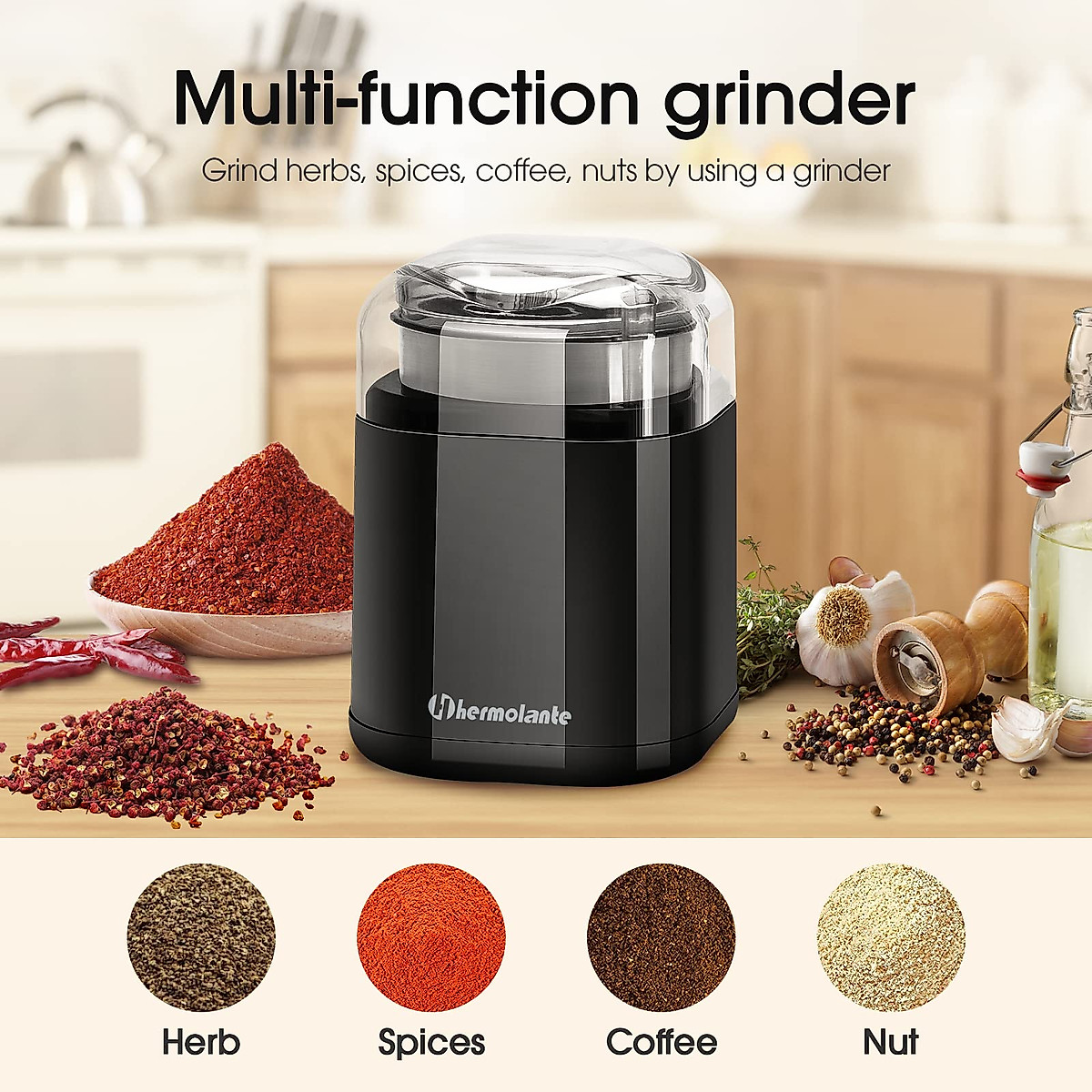 Hermolante Herb Grinder Spice Grinder, 200 w Herb Grinder with Stainless Steel Blade and Cleaning Brush, Compact Size Electric Grinder for Herbs and Spices -5.11in (Black)